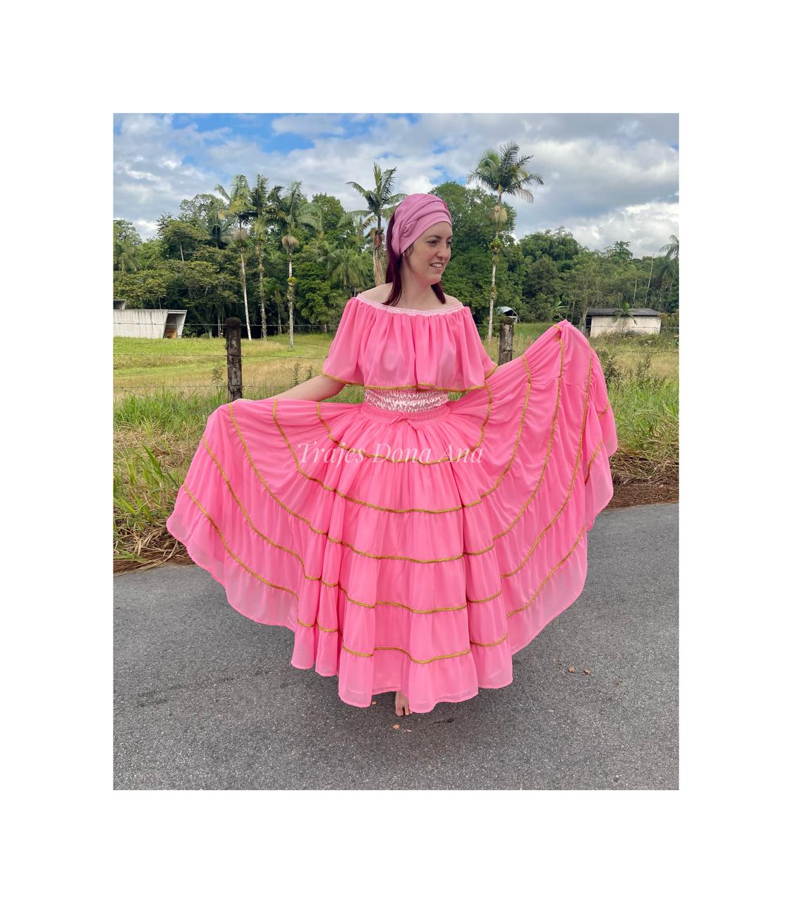 Saia cigana com 7 babados em chiffon rosa - Trajes Dona Ana
